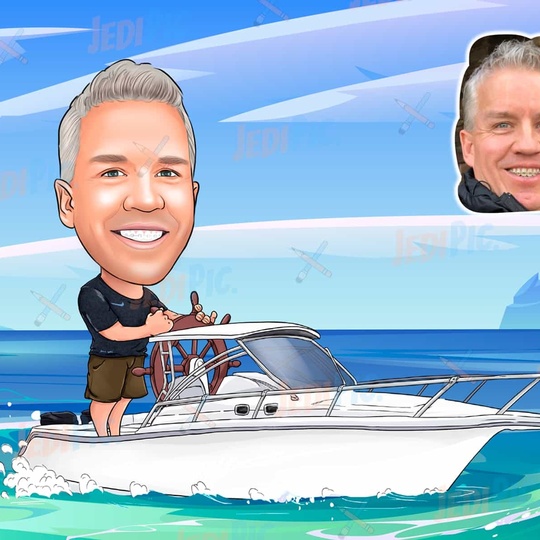 Man Driving Boat Cartoon Portrait | JediPic