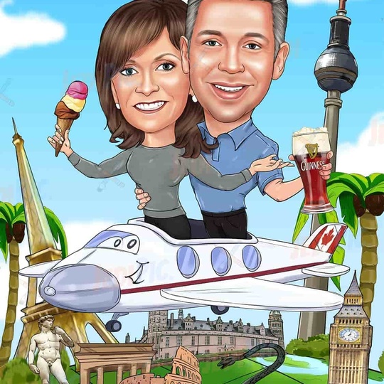 Couple on Airplane Travelling Caricature - Love is in the Air | JediPic
